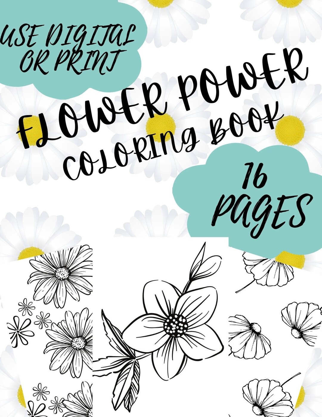 Flower Power Digital Downloadable Coloring Book Printable Pages ...