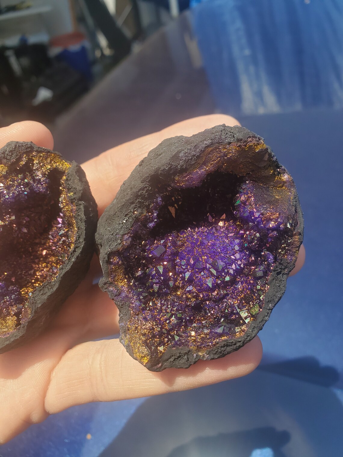 Purple gold Geode pair dyed cracked open crystal quartz | Etsy