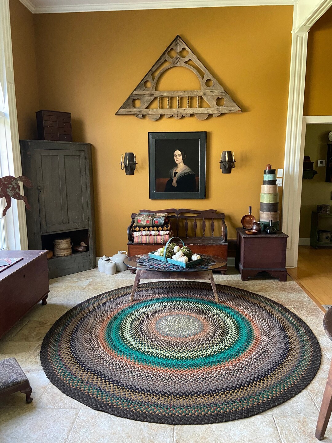 Exceptional Large Antique Hand Braided ROUND Rug Primitive Americana ...