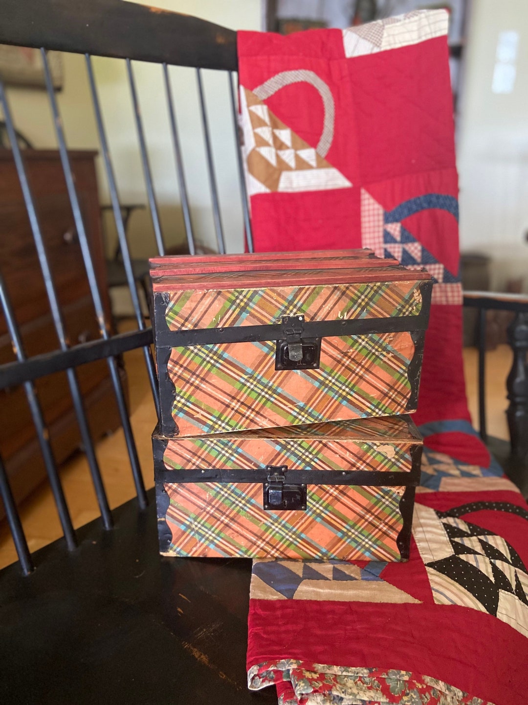 Pair of Antique Boxes Paper Covered Tartan Plaid Child's - Etsy