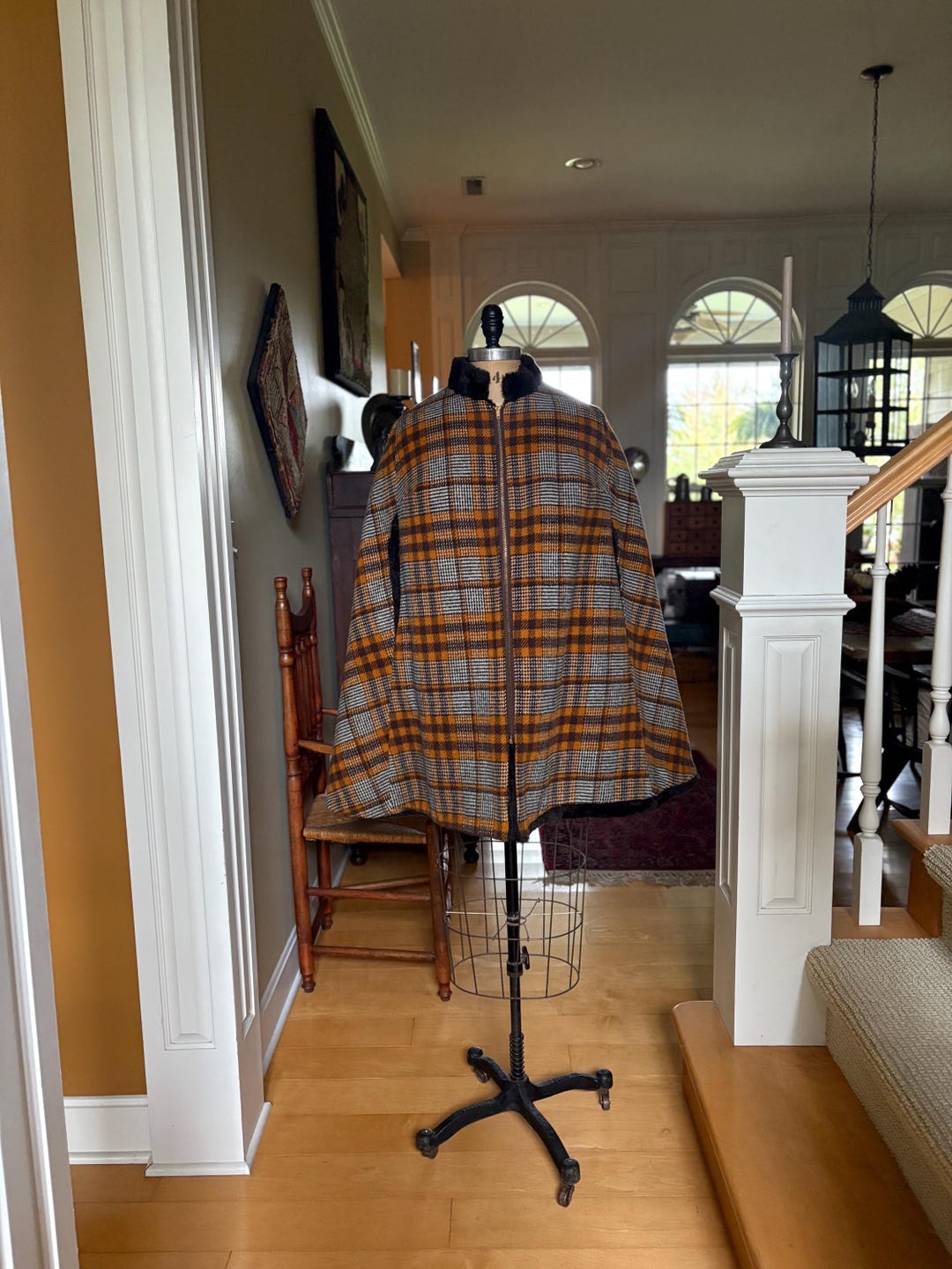 Vintage Mod Handmade Brown Rust Plaid Wool & Reversible Faux Fur Cape ...