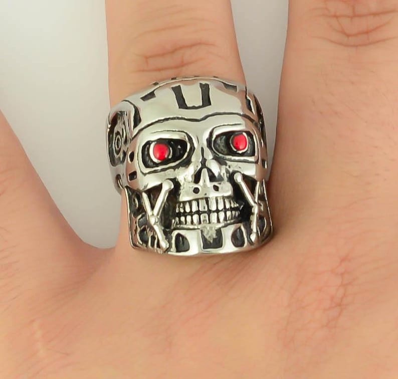 Heavy Metal Jewelry Gents Terminator Robot Red Eyes Ring | Etsy