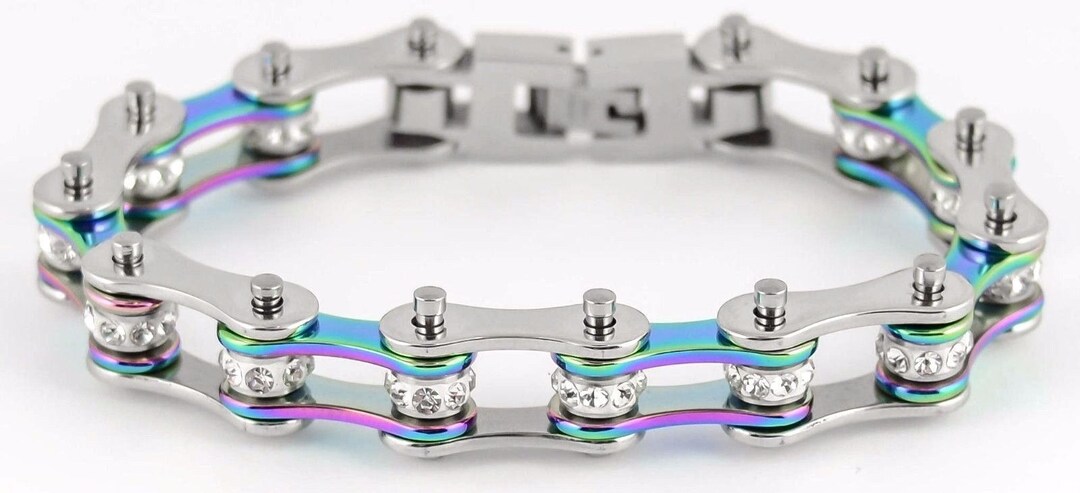 Biker Jewelry Womens Stainless Steel Silver Rainbow Crystal Bike Chain ...