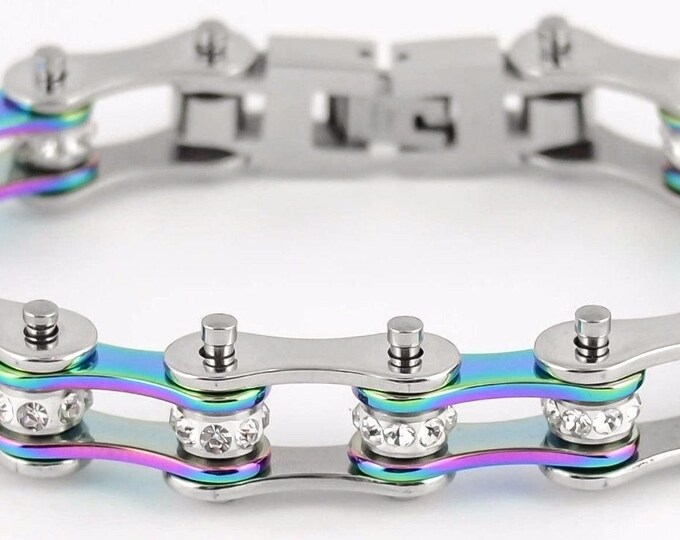 Biker Jewelry Womens Stainless Steel Silver Rainbow Crystal Bike Chain ...