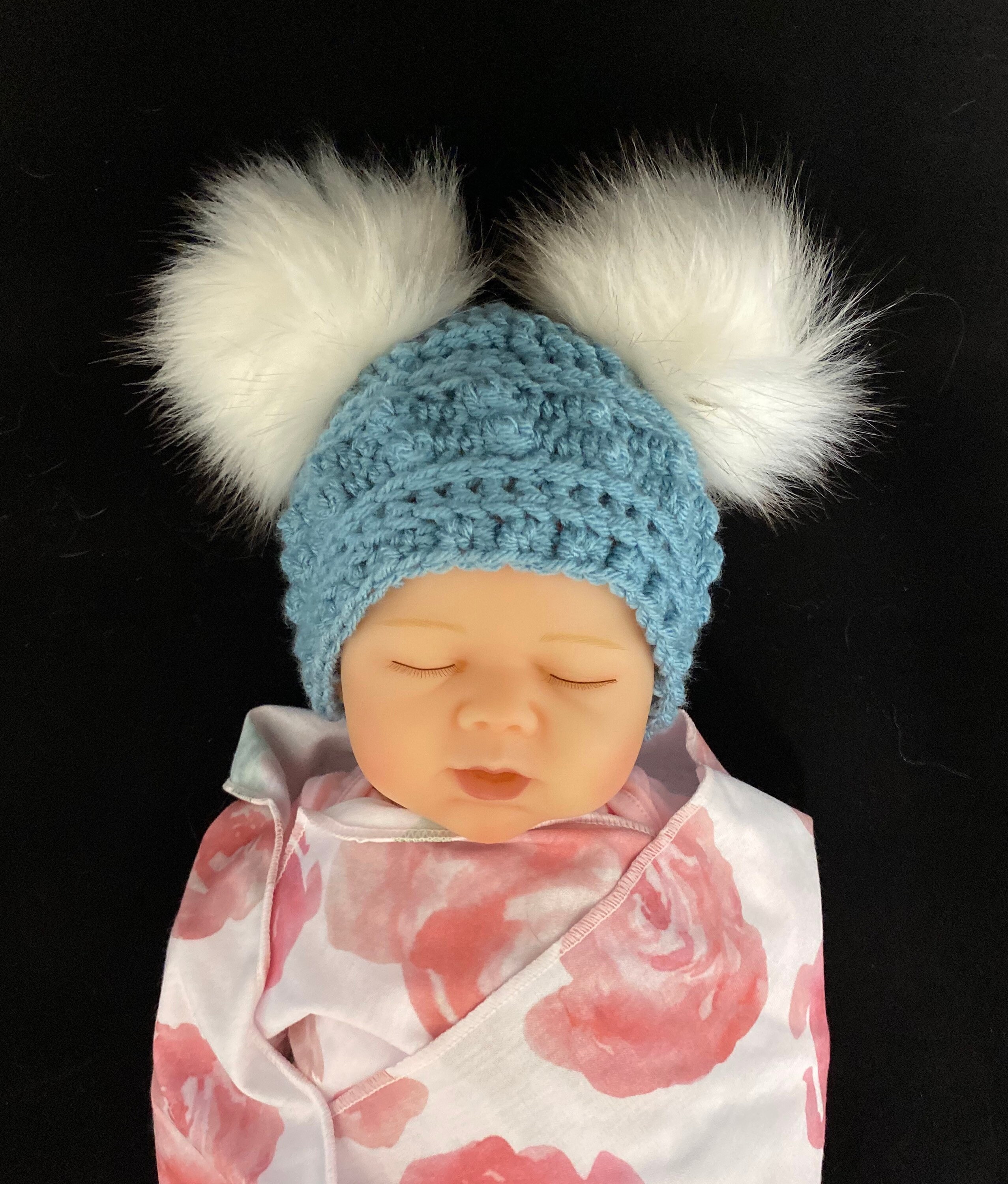 BABY SHOWER GIFT | Newborn Baby Double Pom Pom Hat Faux Fur Pom Poms ...
