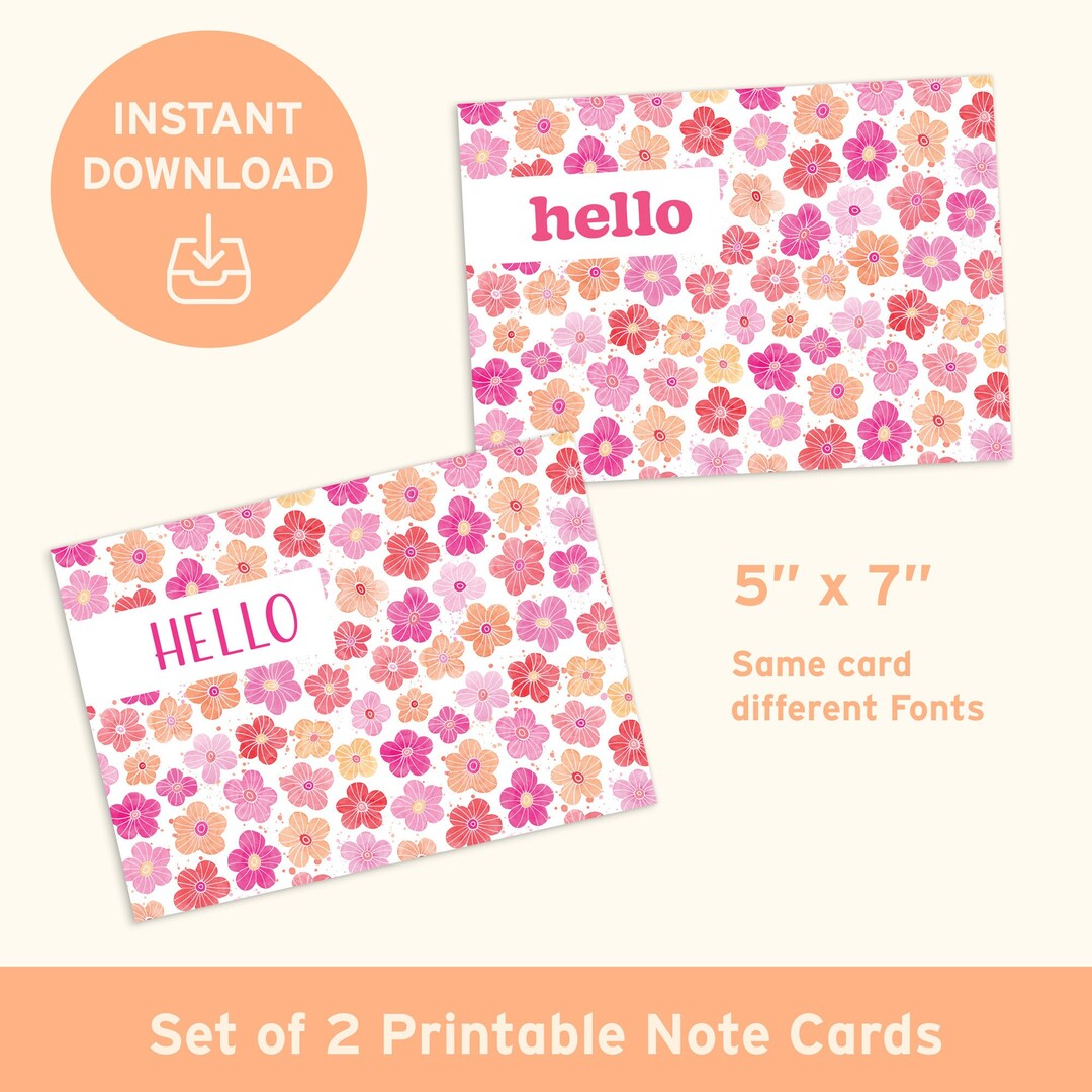 Hello Note Card, Watercolor Flowers, Floral Watercolour Card, Instant ...