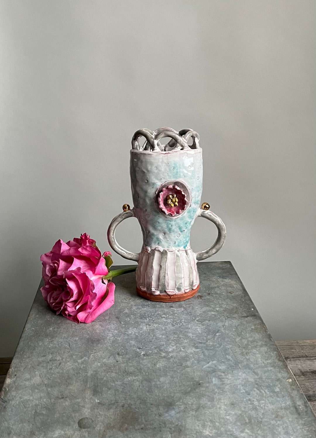 Hand Built Vase, Sculptural Vase With Handles, Majolica Earthenware - Etsy