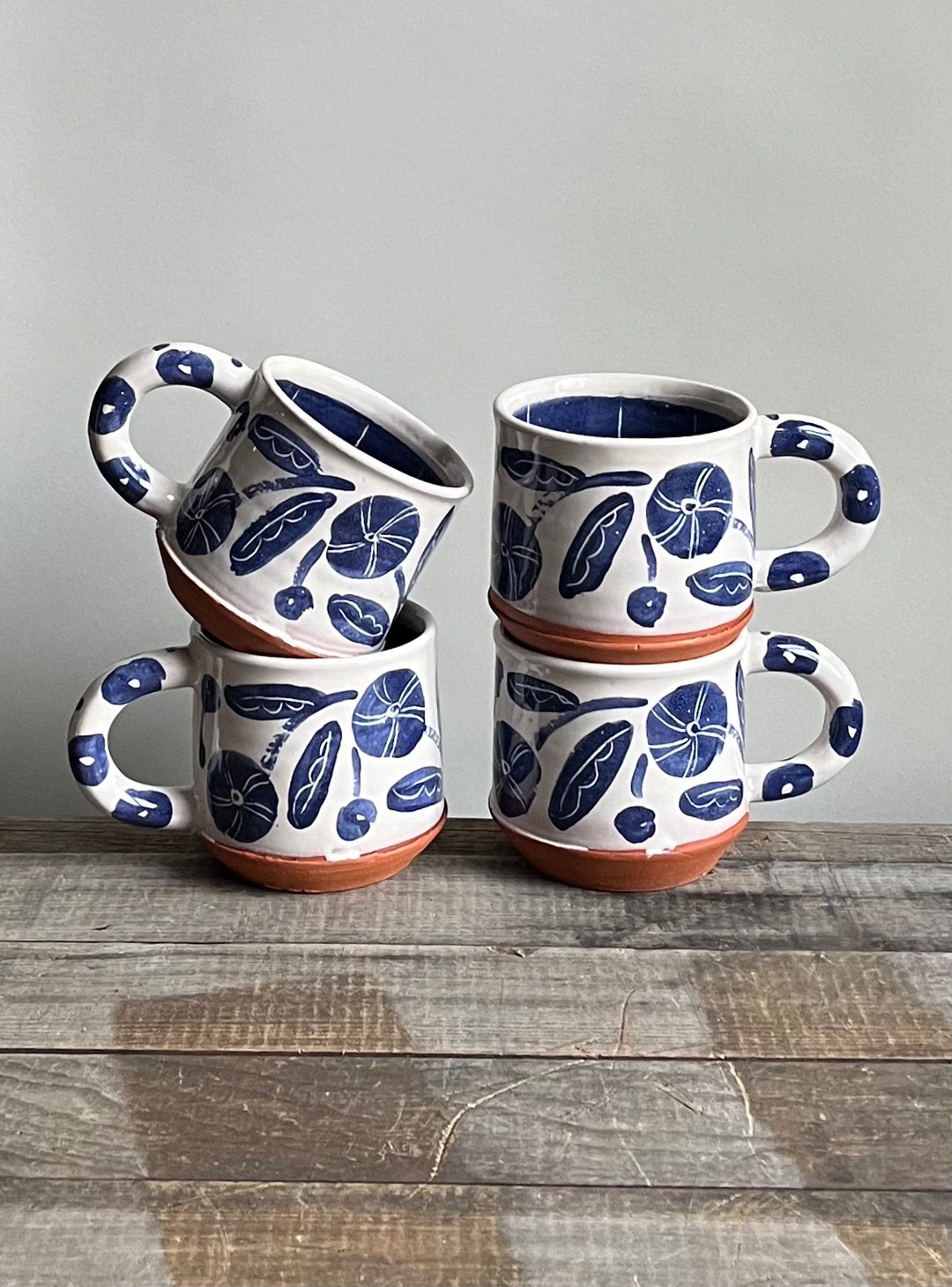 Cobalt Folk Flower Mug With Coil Handle, Earthenware Pottery - Etsy