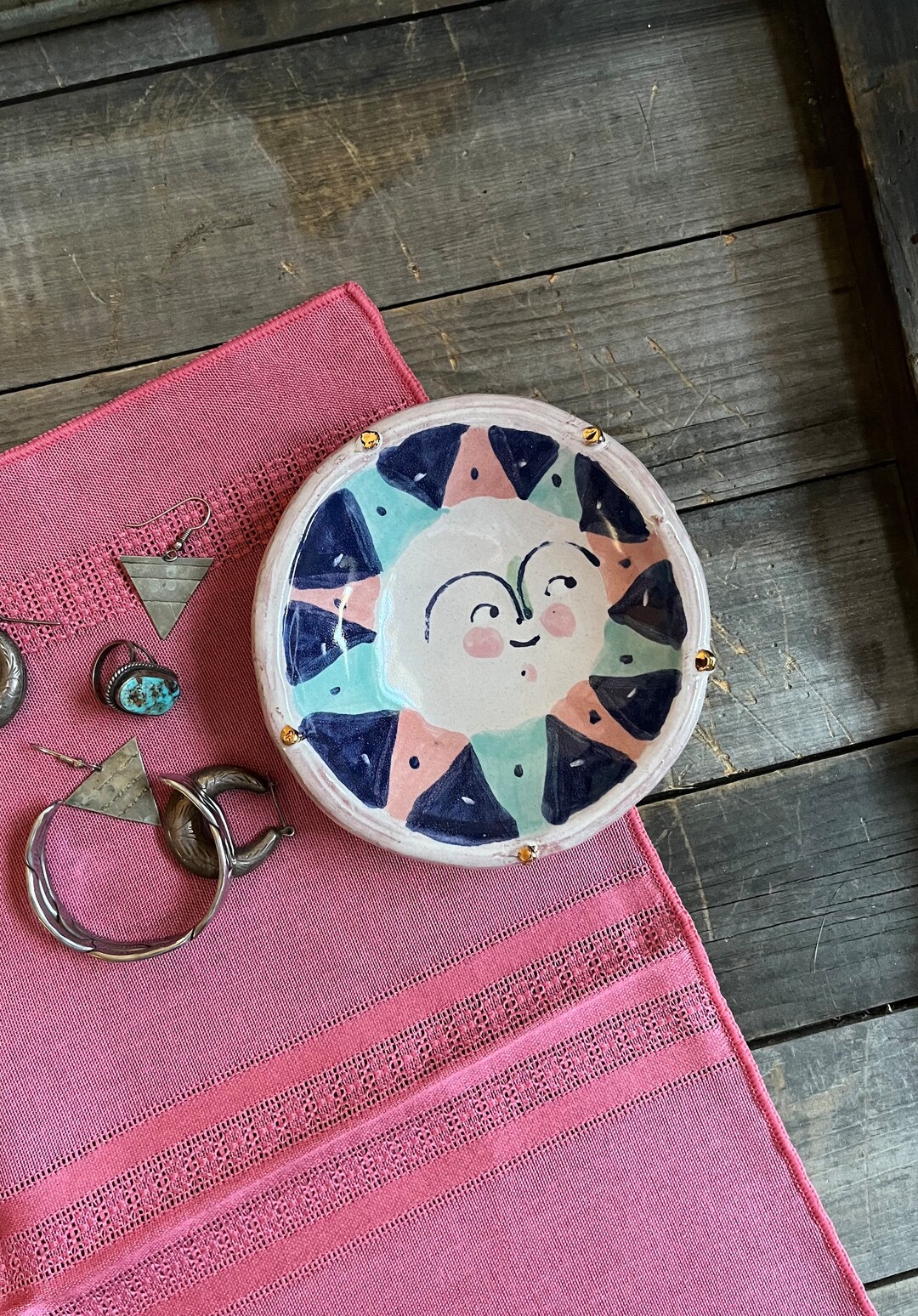 Trinket Dish, Sun Face Design, Blue and Pink Variation, Earthenware ...