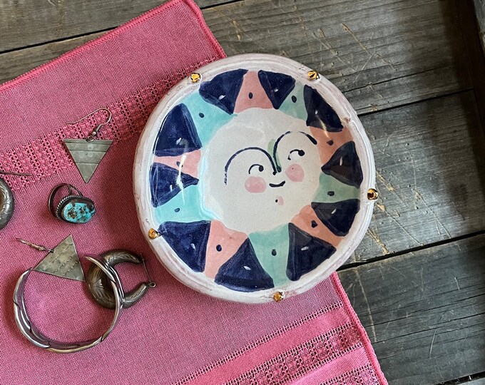 Trinket Dish, Sun Face Design, Blue and Pink Variation, Earthenware ...