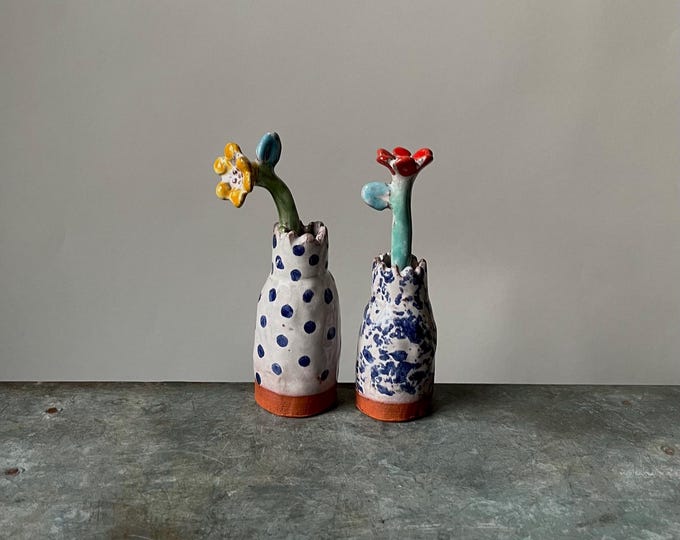 Mini Flower-in-vase Pair (set #2), Whimsical Ceramic Decor, Handmade ...