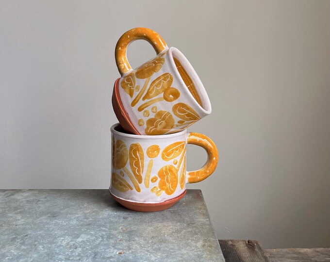 Folk Flower Mug (yellow Ocher Variation), Earthenware Pottery, Wheel ...