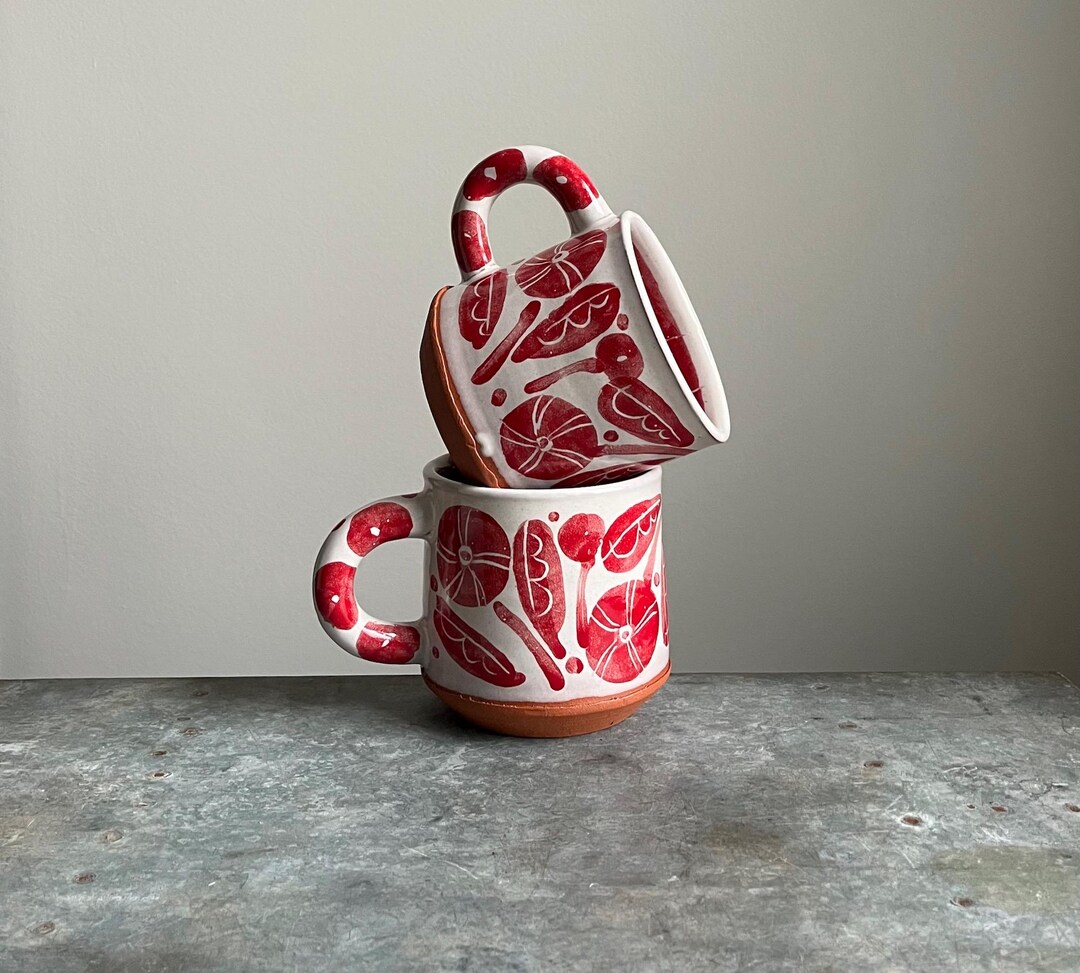 Mug With Coil Handle, Red Folk Flower Design, Majolica Earthenware ...