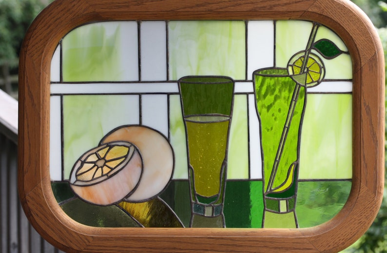 Custom One of a Kind, Stained Glass Lemonade Window, Oak Frame - Etsy