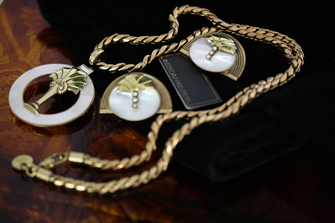 Ermani Bulatti Vintage Art Deco MOP and Goldtone Metal Jewelry Set With ...