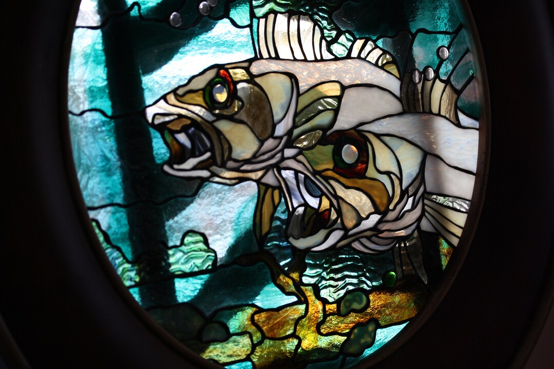 Large OOAK Stained Glass Fish, Walleye on the Hunt, Framed Window Panel ...