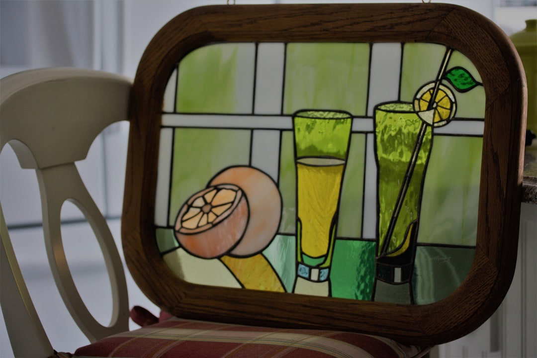 Custom One of a Kind, Stained Glass Lemonade Window, Oak Frame - Etsy