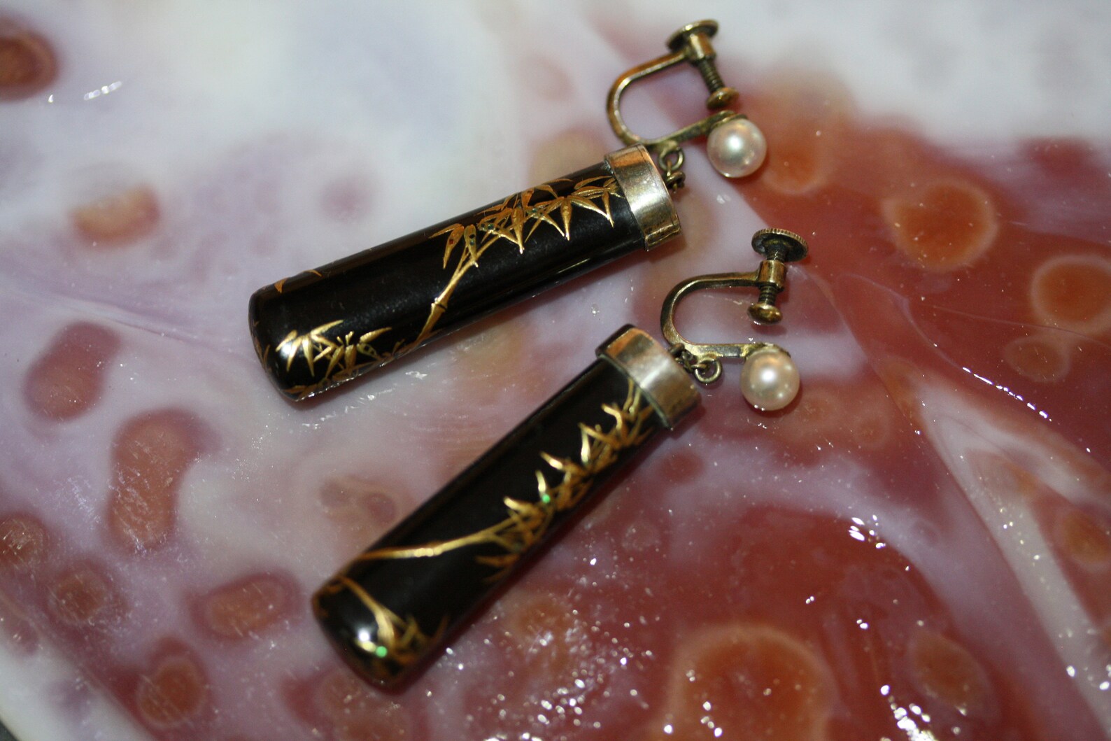 Asian Bamboo Pearl Onyx and Silver Art Deco Dangle Screw Back Earrings ...