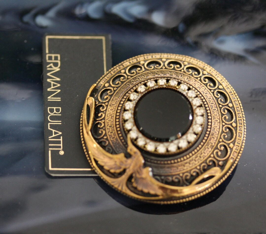 Ermani Bulatti Vintage Bronzetone Brooch With Asian Crane Onyx and ...