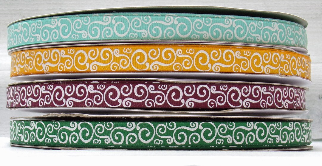 2 or More Yards 3/8" White Scroll Print Grosgrain Ribbon - Your Choice ...