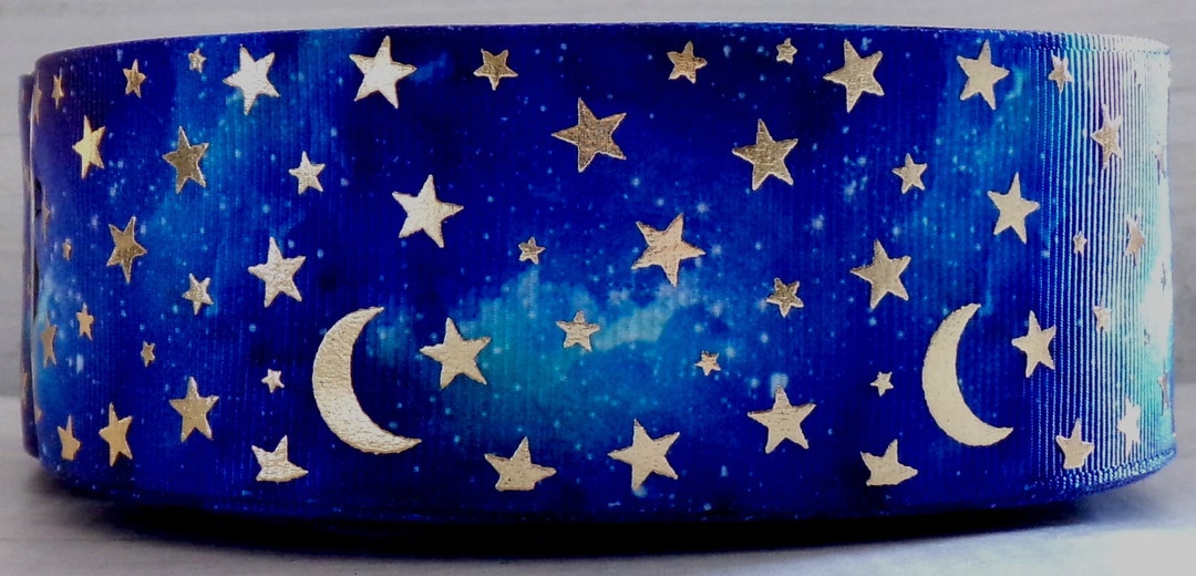 2 Yards 1.5" Gold Foil Moon and Stars Celestial Blues Print Grosgrain ...