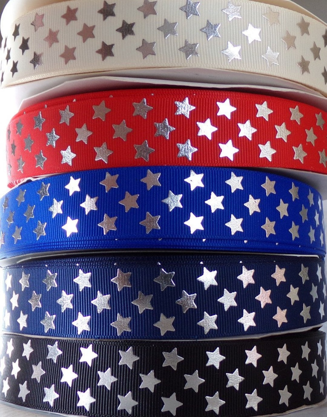 2 Yards 7/8" Silver Foil Stars Print Grosgrain Ribbon - Your Choice of ...