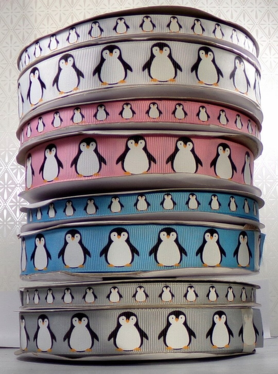 2 Yards 3/8" or 7/8" Winter Holiday Penguin Print Grosgrain Ribbon in ...