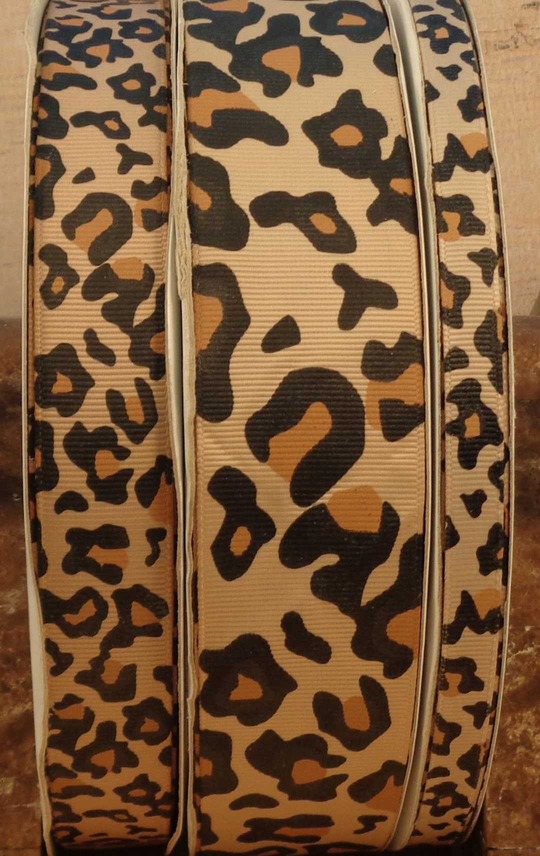 2 Yards 3/8", 7/8" or 1.5" Tan Wildcat Leopard Cheetah Print Grosgrain ...