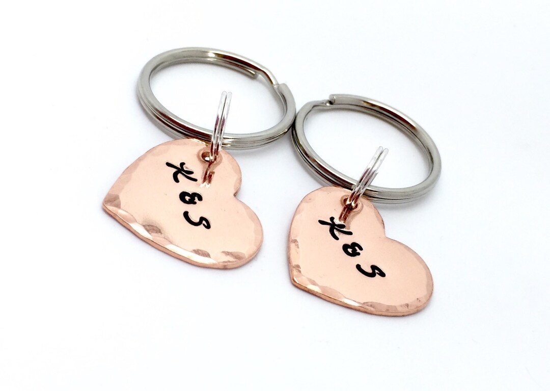 7th Anniversary Gift - Personalised Heart Keyring Set - Hand Stamped ...