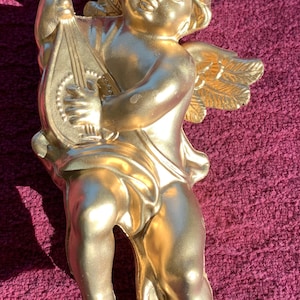 Golden Blow Mold Cherub Angel Playing Stringed Instrument - 8 Inch Tall ...
