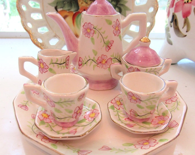 Pretty Miniature Tea Set Pink Floral Over White Porcelain, Gold Trim ...