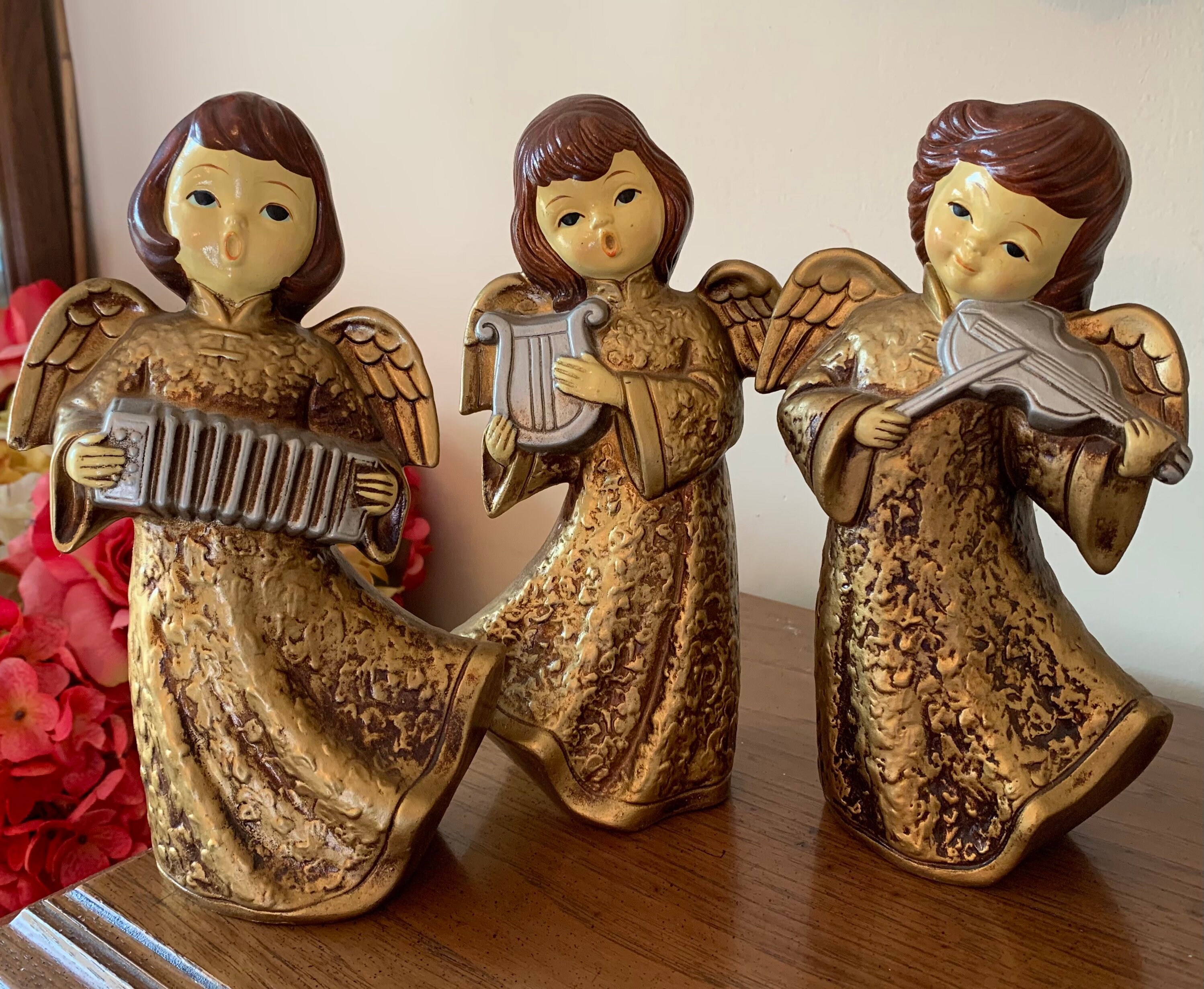 3 Angel Figurines Depicting Singing Playing Concertina Harp - Etsy