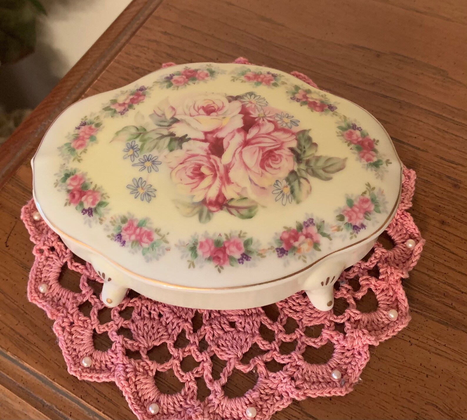 Beautiful Pink Rose Footed Trinket Jewelry Box With Original - Etsy