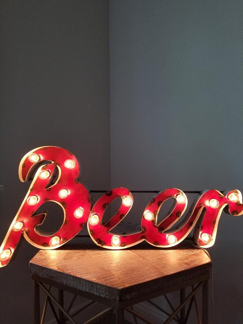 Beer Light Up Metal Red Distressed Vintage Letters Bulb Sign | Etsy