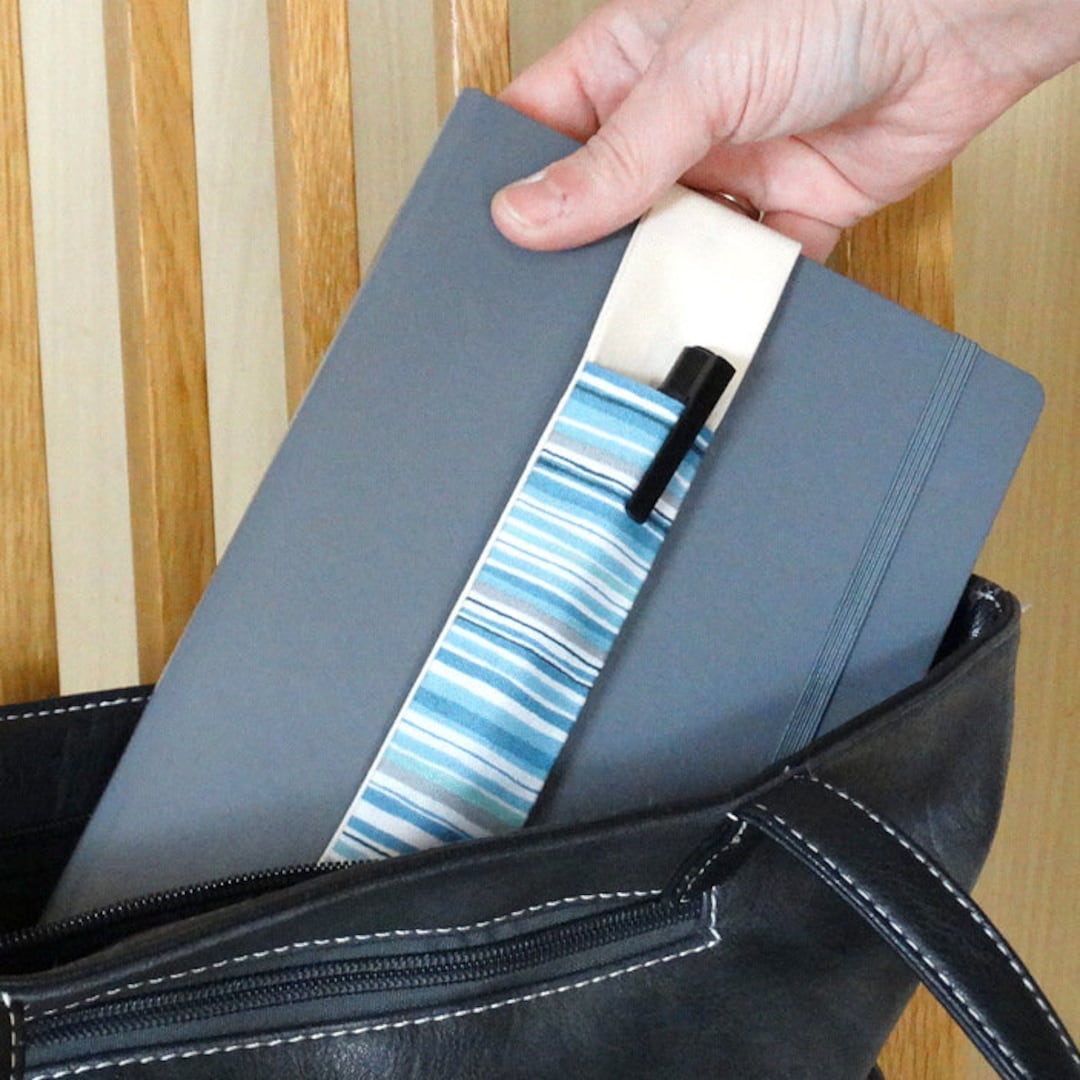 Notebook Pen Holder Blue White Stripy Fabric, Elastic Pen Loop for ...