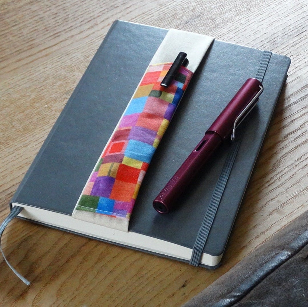 Red Block Pattern Fabric Elastic Notebook Pen Holder, Elasticated Pen ...
