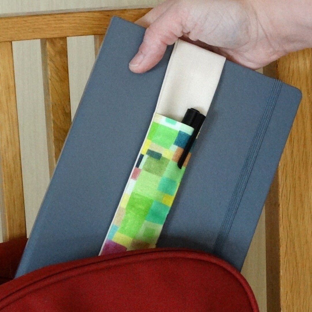 Green Block Pattern Fabric Elastic Notebook Pen Holder, Elasticated Pen ...