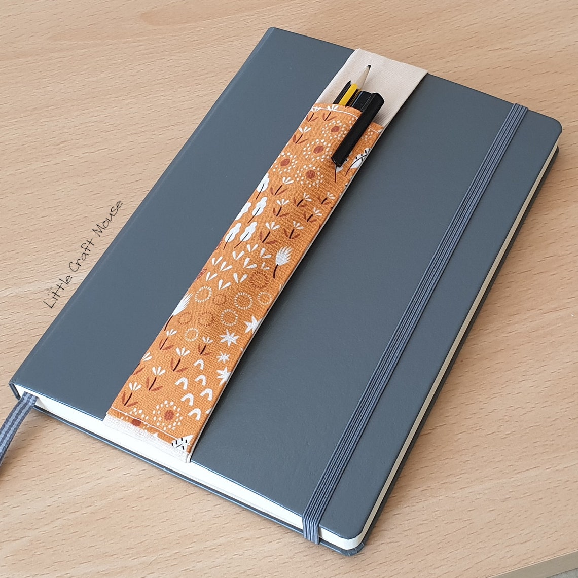 Elastic Pen Holder Orange With Leaves Fabric, Elasticated Notebook Pen ...