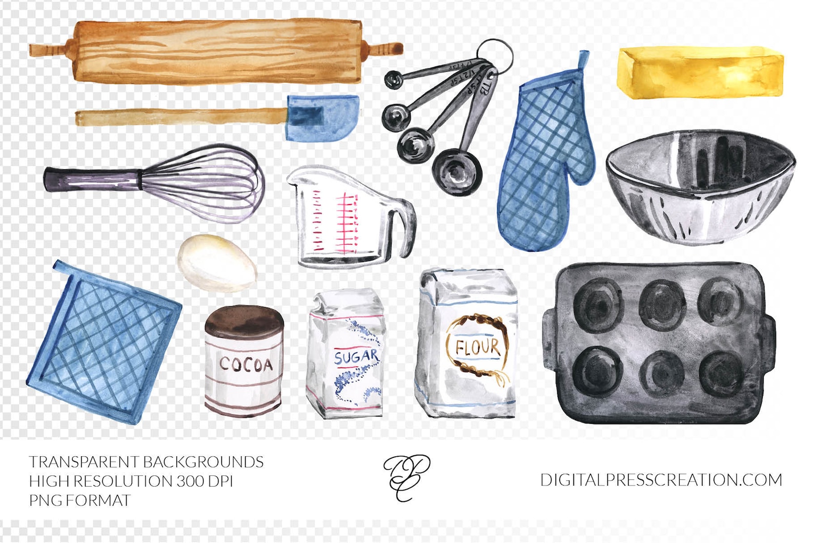 Watercolor Baking Supplies Culinary Clipart Baking Clip Art - Etsy