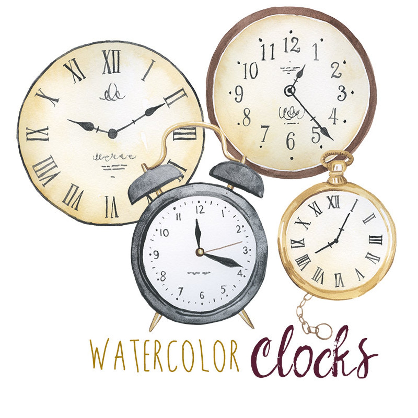 Watercolor Clocks Clip Art Clock Clipart Watchface Art - Etsy Canada