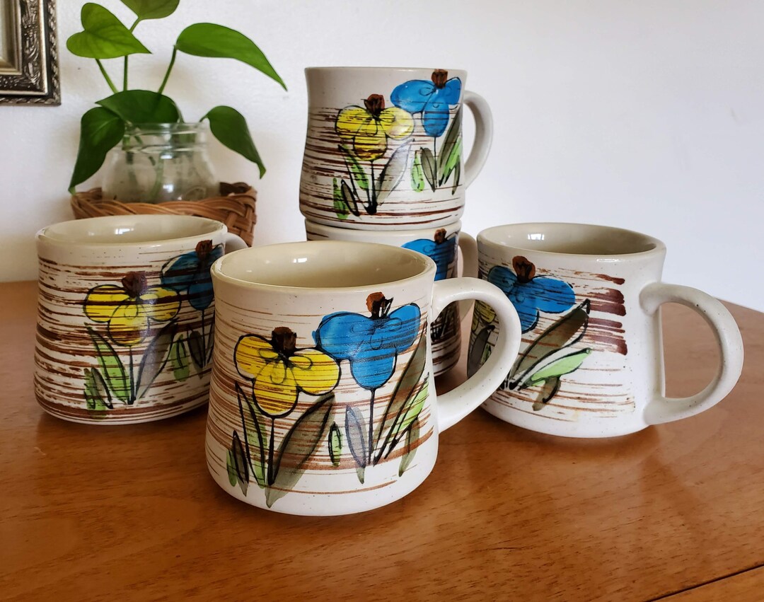 Set of 5 Vintage Stoneware Mugs Blue and Yellow Flowers 1970s Coffee ...