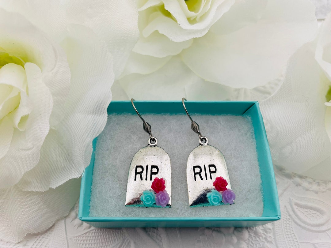 RIP Earrings, Tombstone With Flowers, Halloween Earrings, Rest in Peace ...