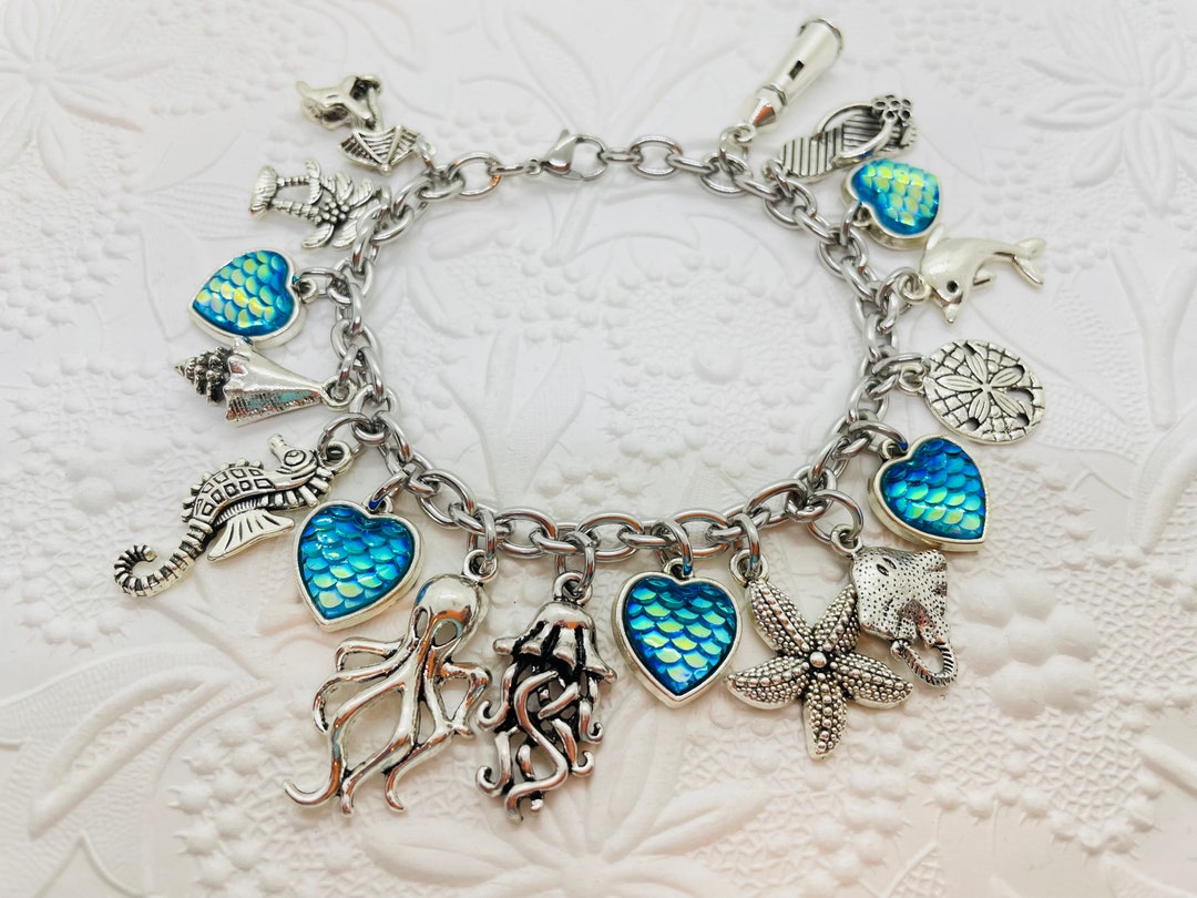 Silver Beach Themed Charm Bracelet, Ocean Lover Gift for Her, Sea Life ...