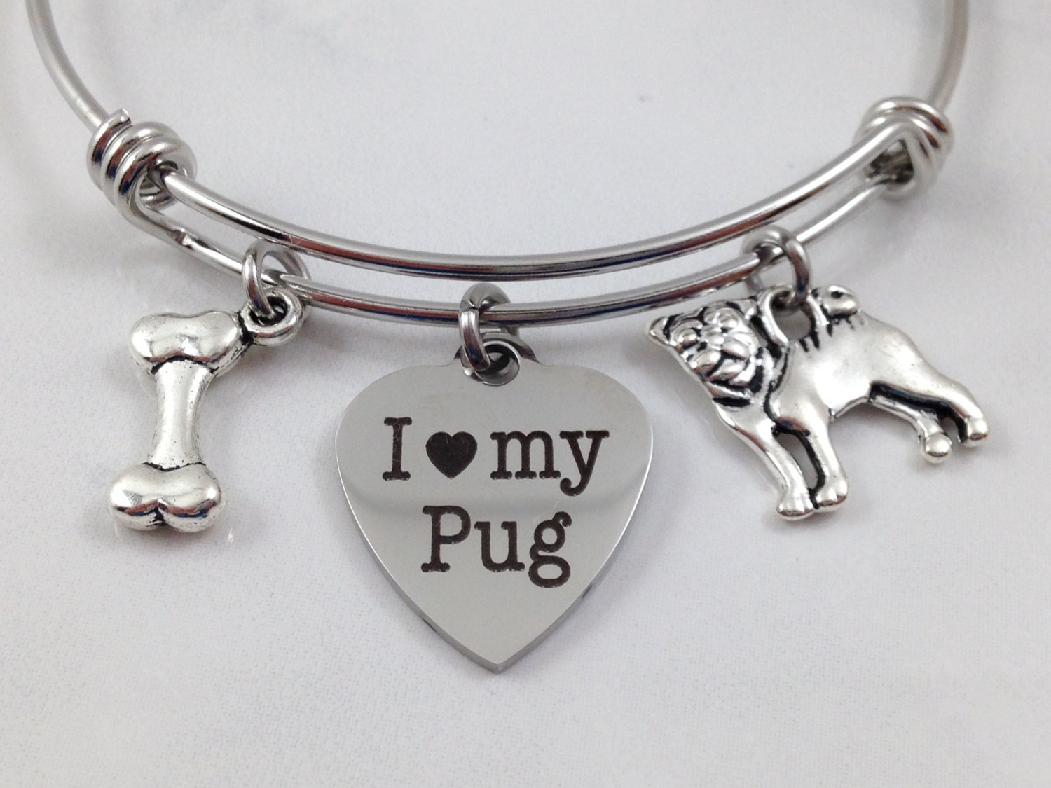 Pug Charm Bracelet Pug Charm Bangle I Love My Pug Dog - Etsy