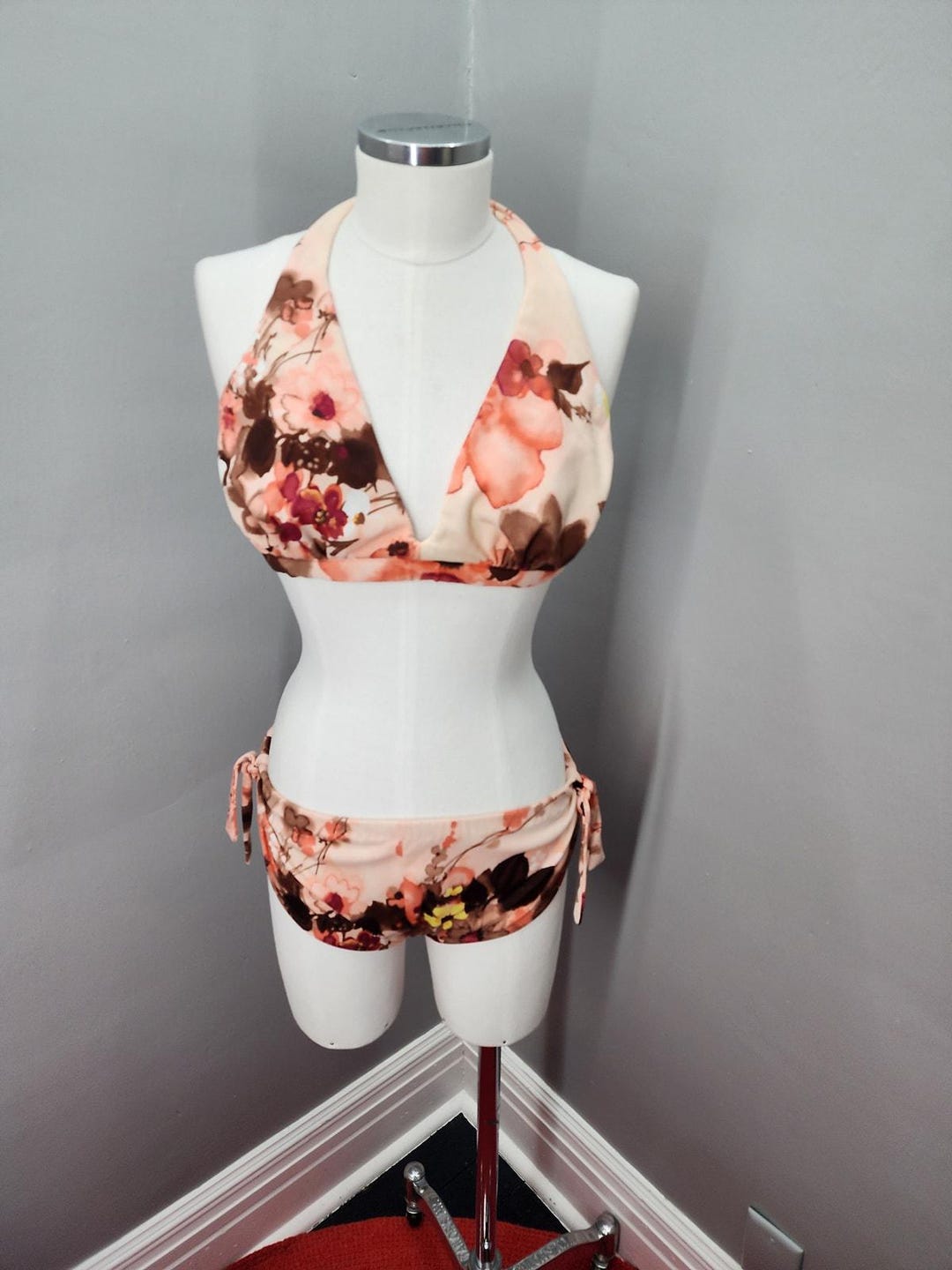 70s Peach & Brown Floral Bikini Swim Suit - M - Etsy