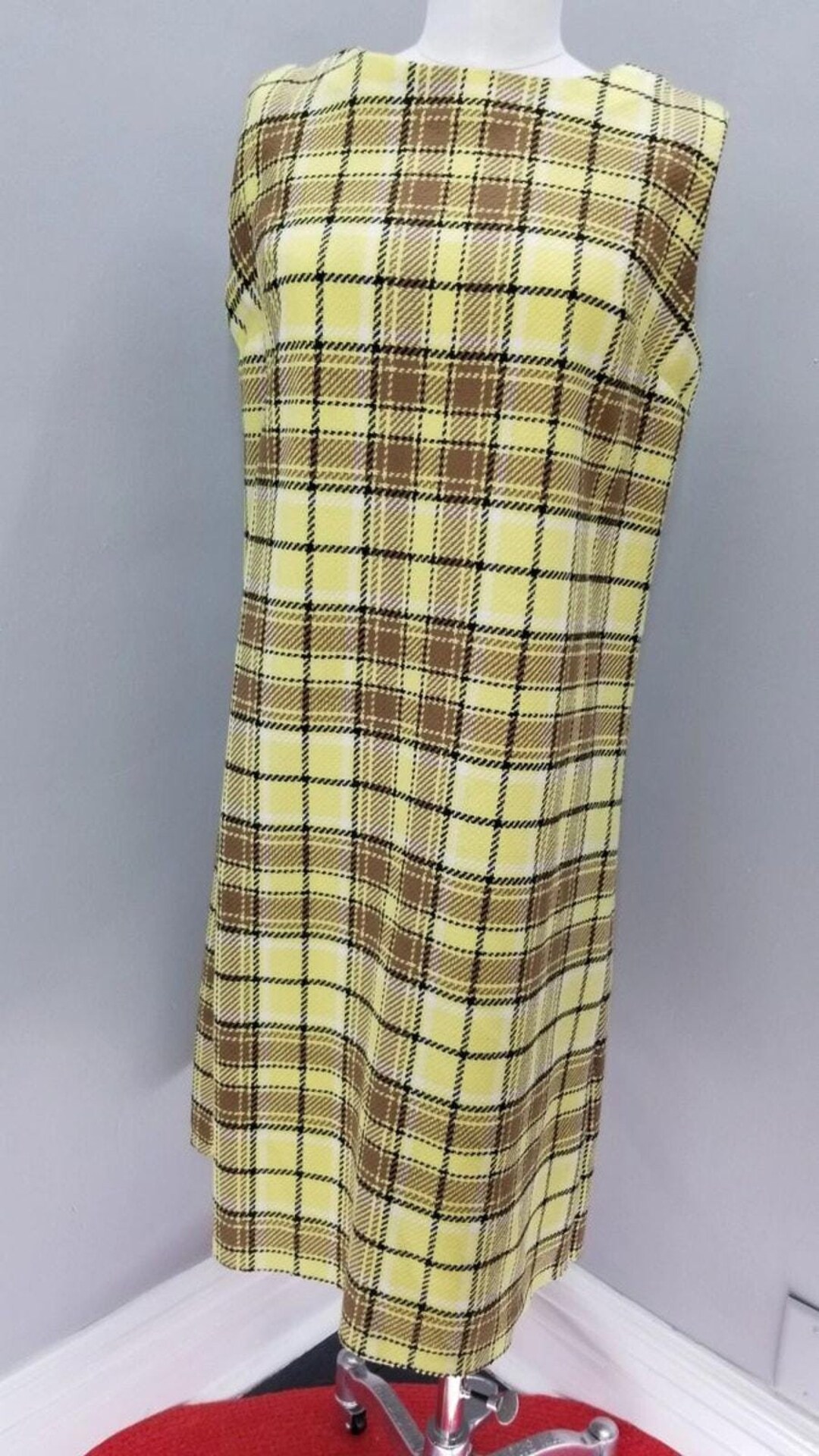 70s Vintage Handmade Plaid Shift Dress / Jumper Yellow, Tan, Black - L ...