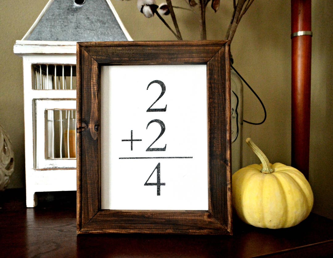 Family Sign, 2 + 2 = 4, Canvas and Stained Wood Frame, Rustic ...