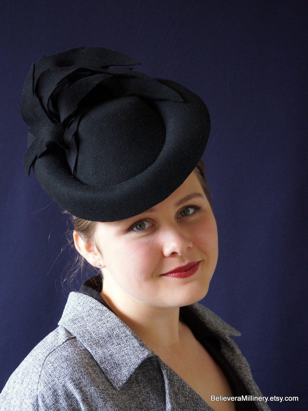Black Wool Felt Hat Leaves Headwear Brim Hat Winter Fall Race Day ...