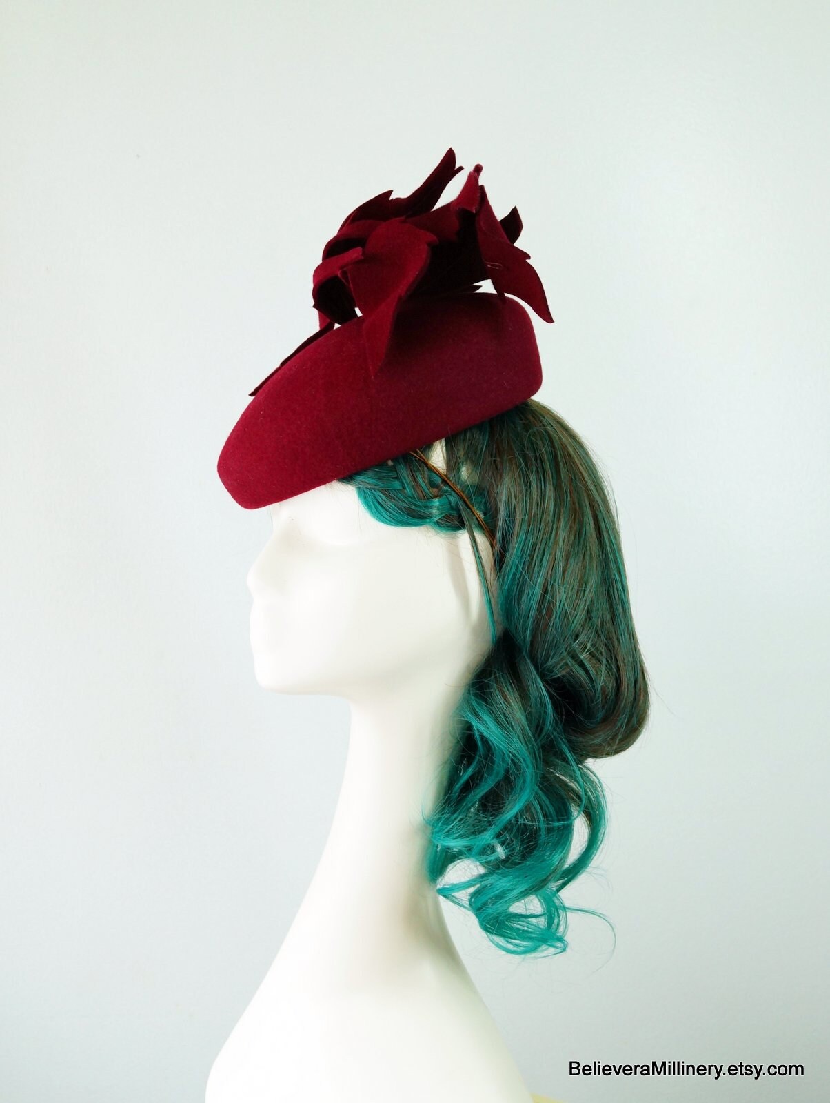 Burgundy Red Wool Felt Hat Leaves Beret Headwear Winter Fall Racing ...