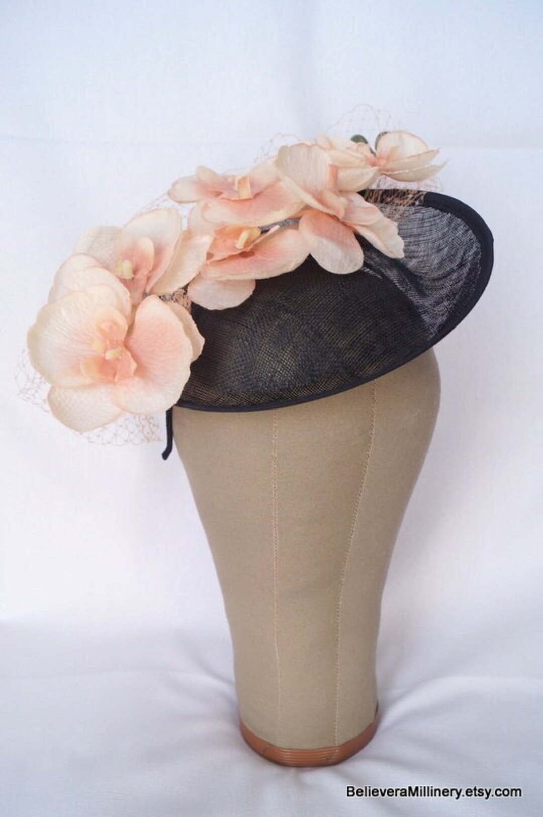 Tan Orchids Black Sinamay Hatinator Hat Race Wear Carnival Wedding ...